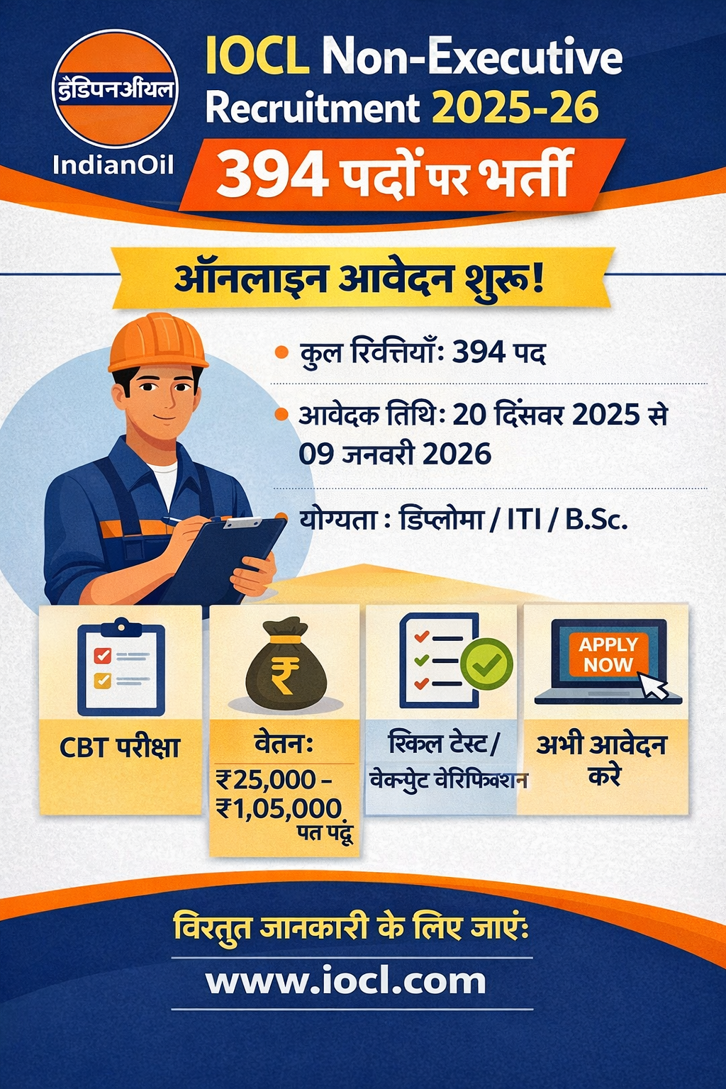 IOCL Non Executive Vacancy 2025 Post 394 Apply Online - Rojgar Daily